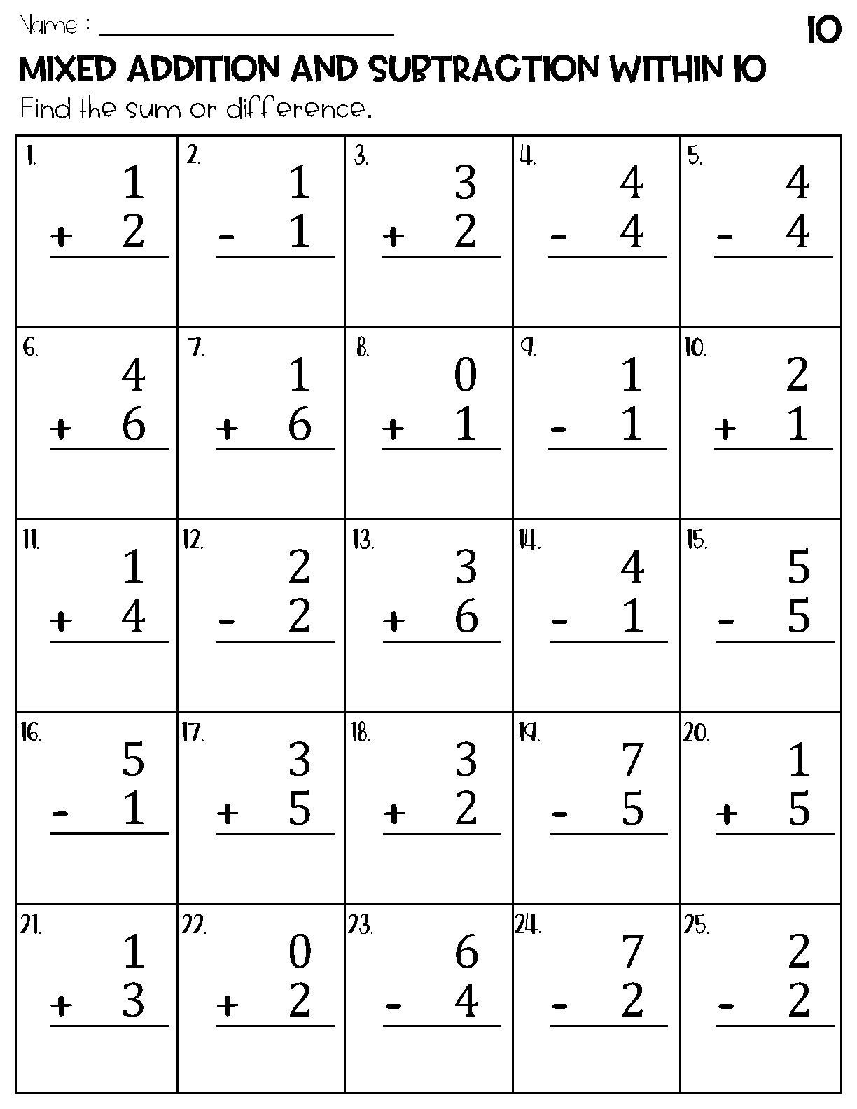 Mixed Addition and Subtraction Within 10 Worksheets - Etsy