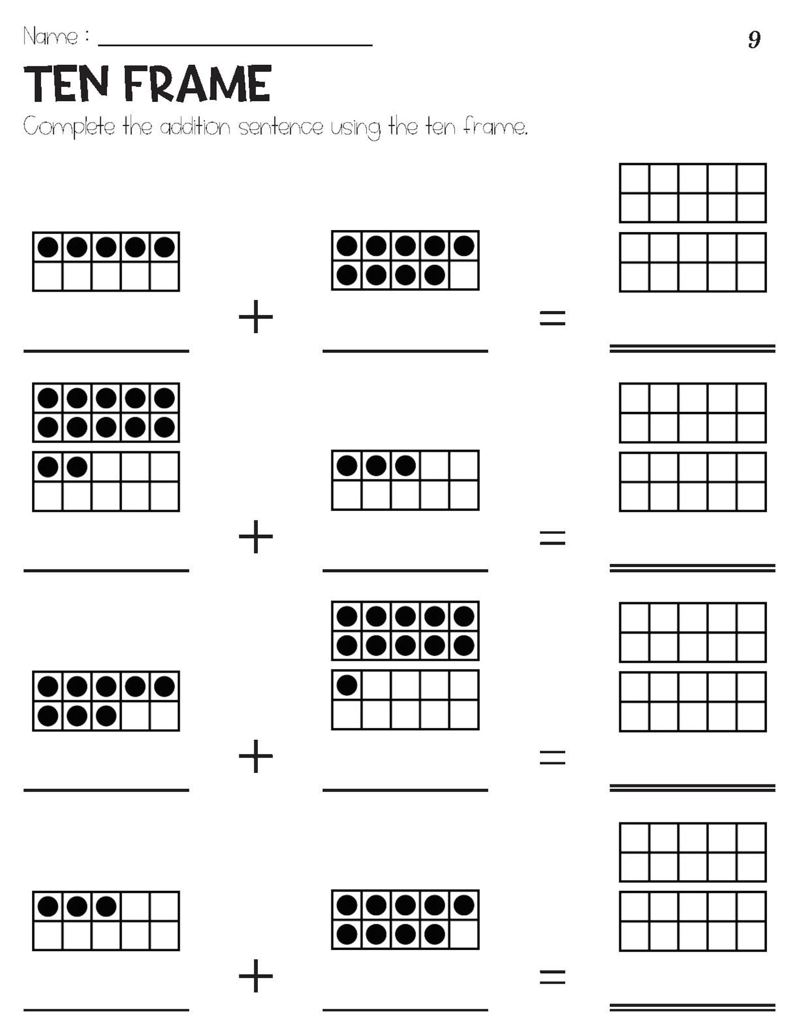 Addition Sums to 20 With Ten Frame Pictures Worksheets - Etsy