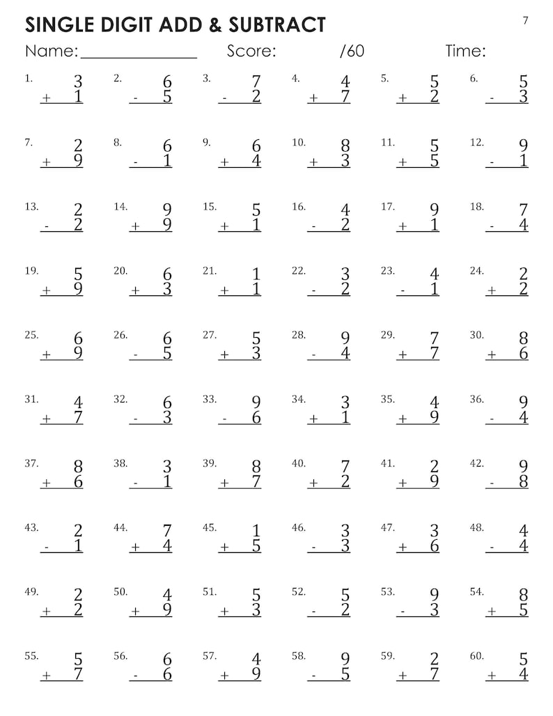 Math Timed Tests Mixed Single Digit Addition and Subtraction Worksheets ...