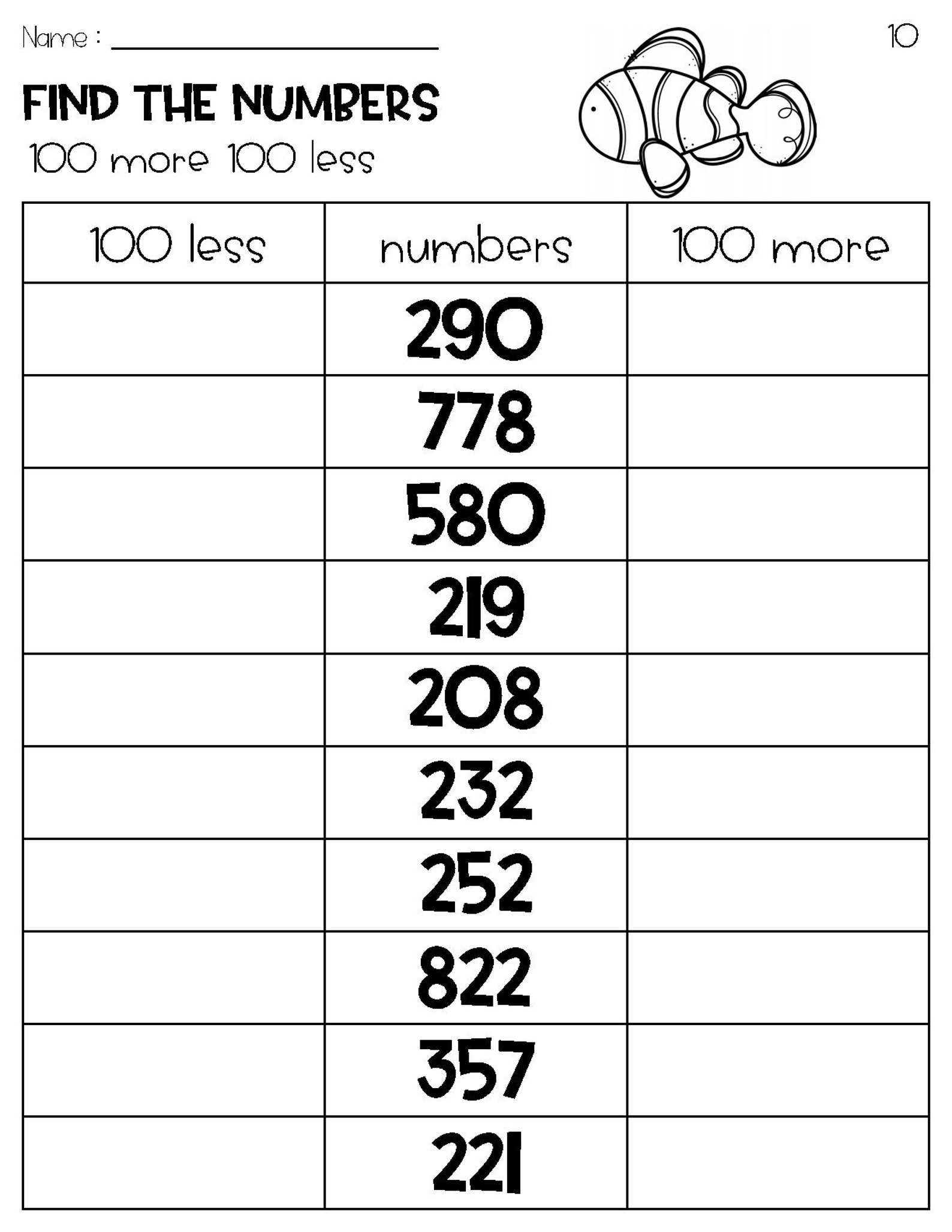 100 More and 100 Less Worksheets - Ocean Theme - Etsy
