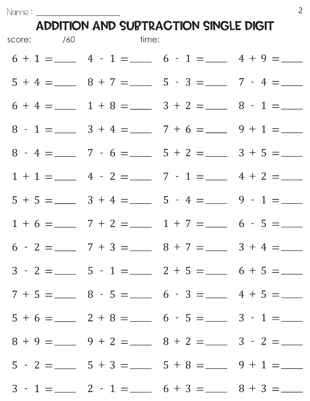 Addition and Subtraction Single Digit Math Timed Tests Speed Drills ...