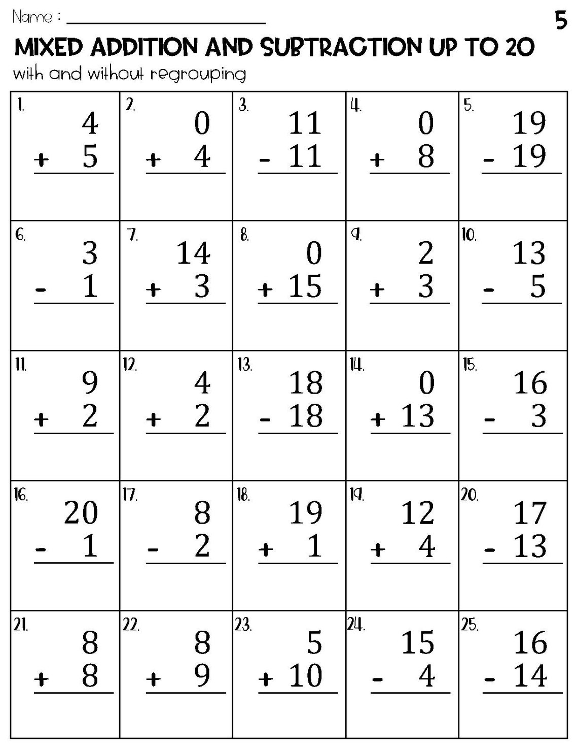 Mixed Addition and Subtraction to 20 Worksheets - Etsy