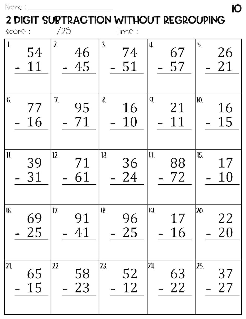 Two Digit Subtraction Without Regrouping Worksheets - Etsy