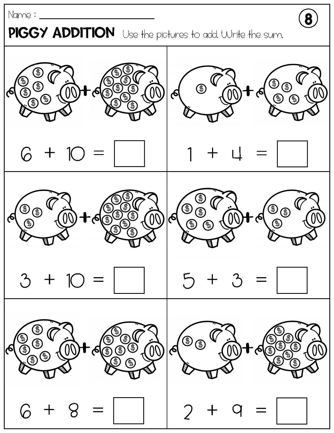 Addition With Pictures Sum up to 20 Worksheets - Adding Piggy Pictures ...