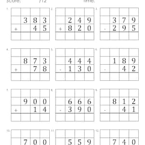 100 Two and Three Digit Mixed Addition and Subtraction With Grid ...