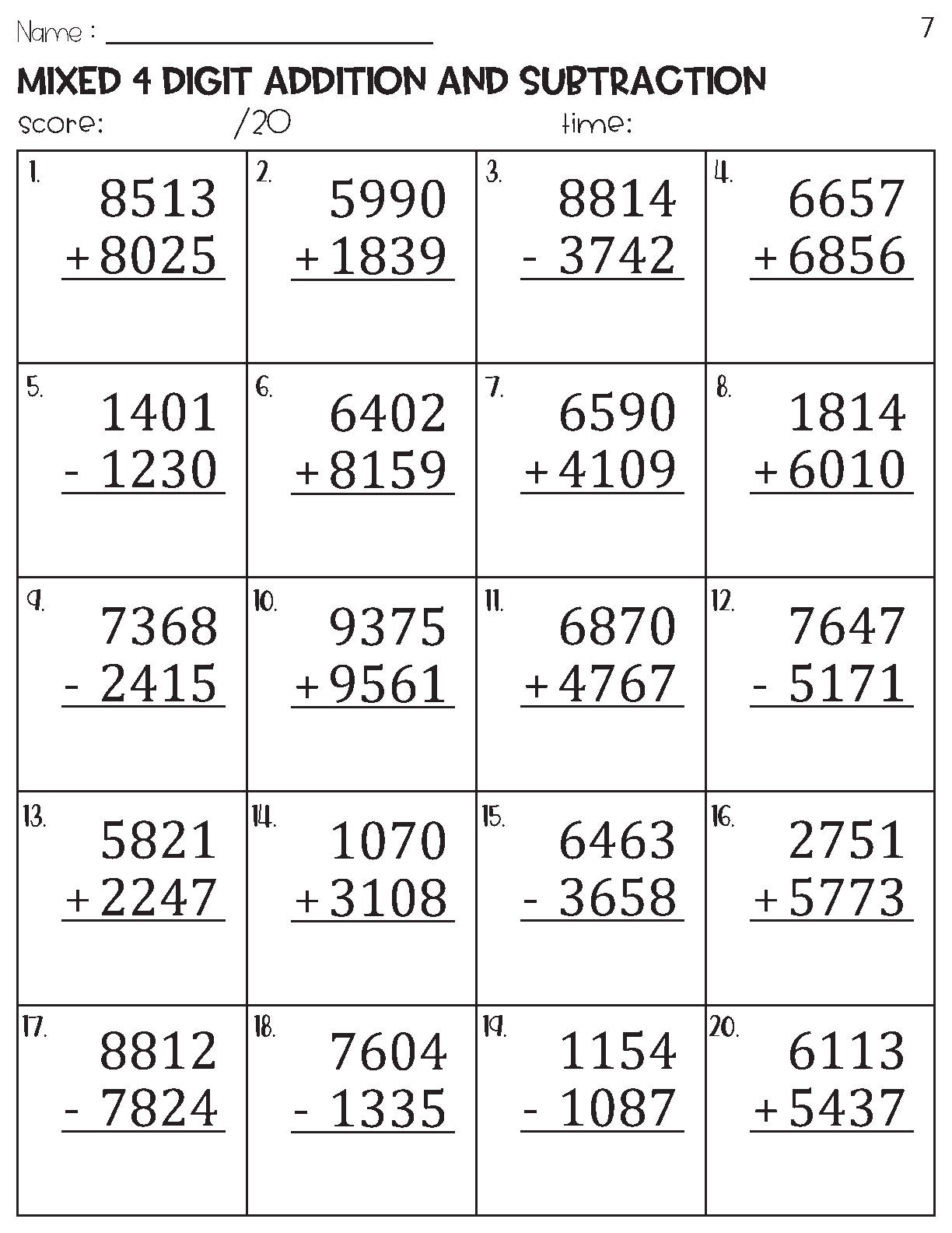 100 Four Digit Mixed Addition and Subtraction With and Without ...