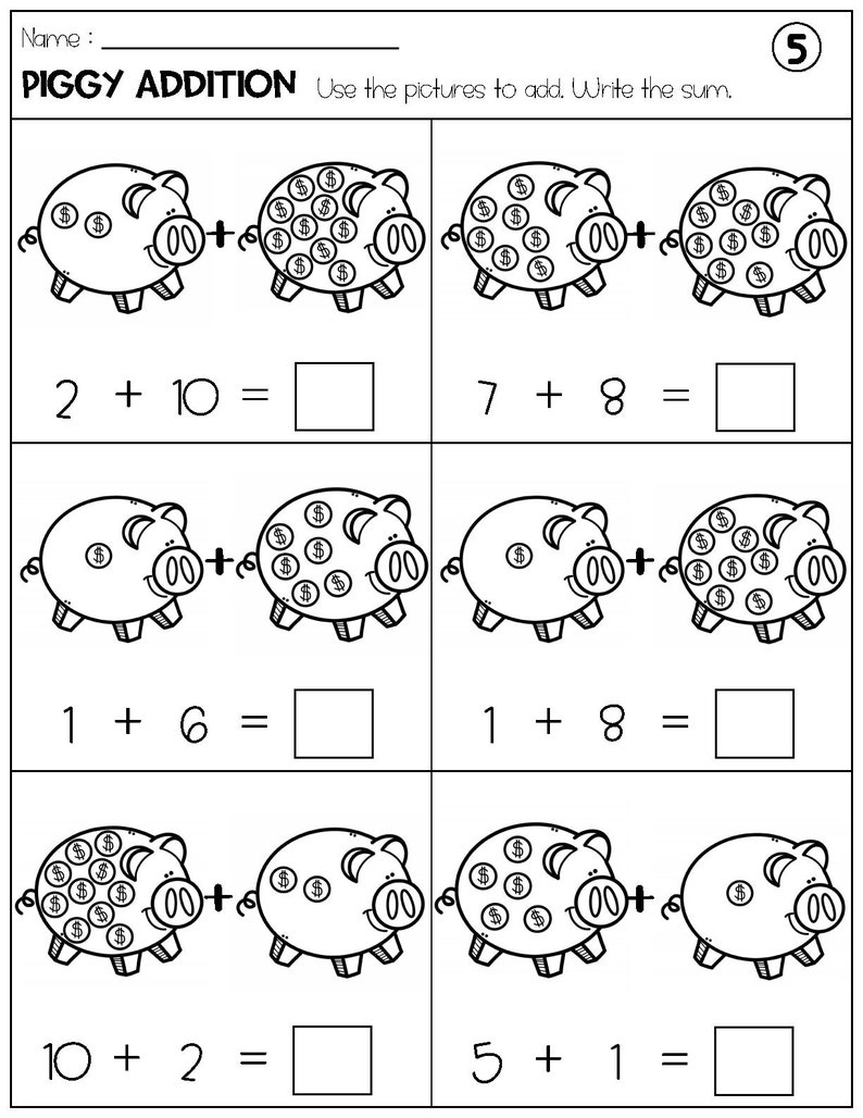 Addition With Pictures Sum up to 20 Worksheets - Adding Piggy Pictures ...