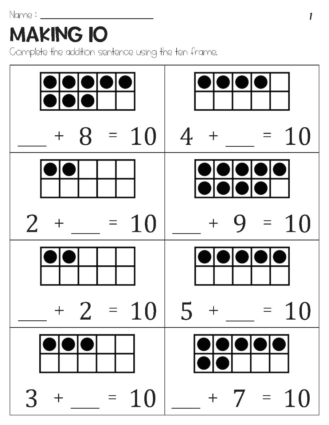 Making 10 Addition With Ten Frame Worksheets - Etsy