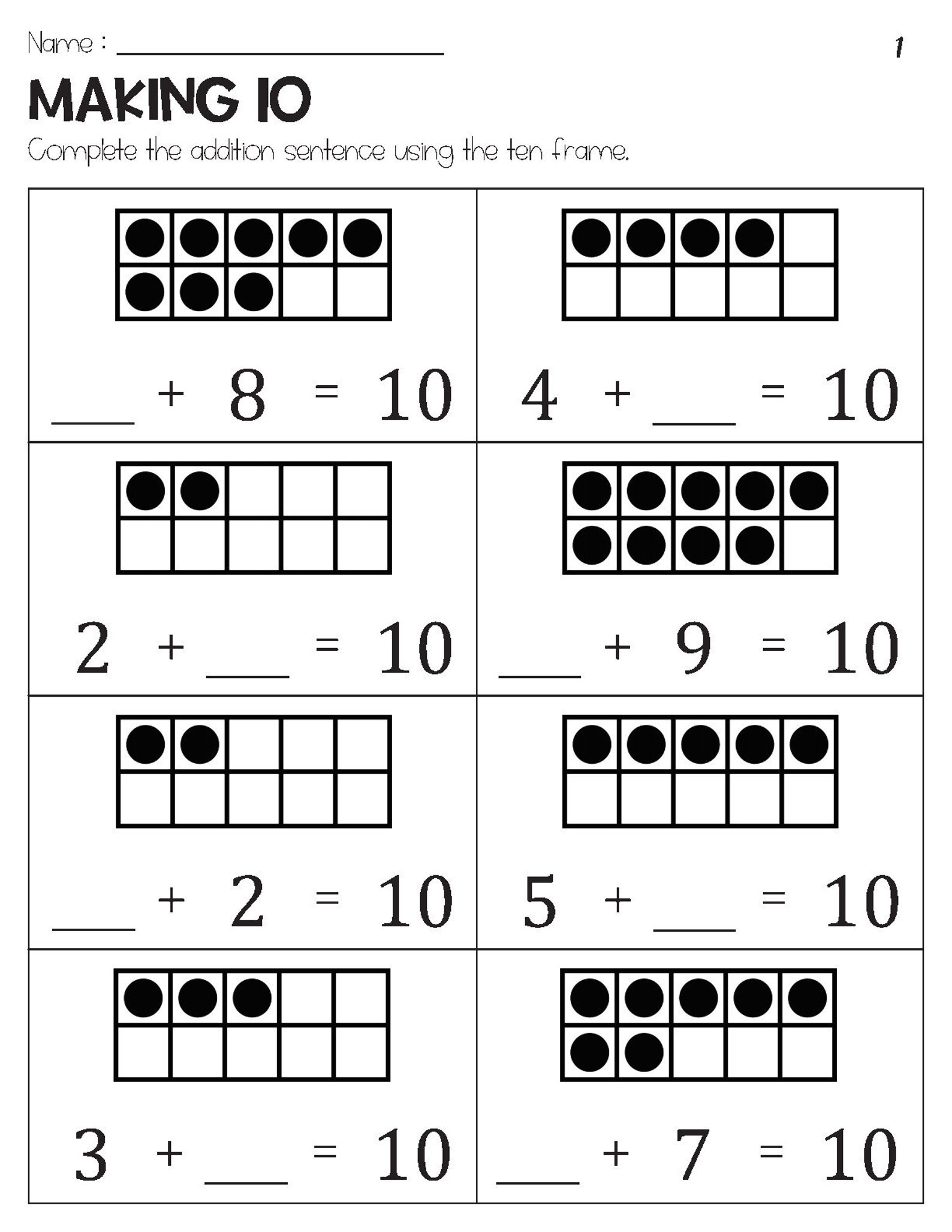 Making 10 Addition With Ten Frame Worksheets - Etsy