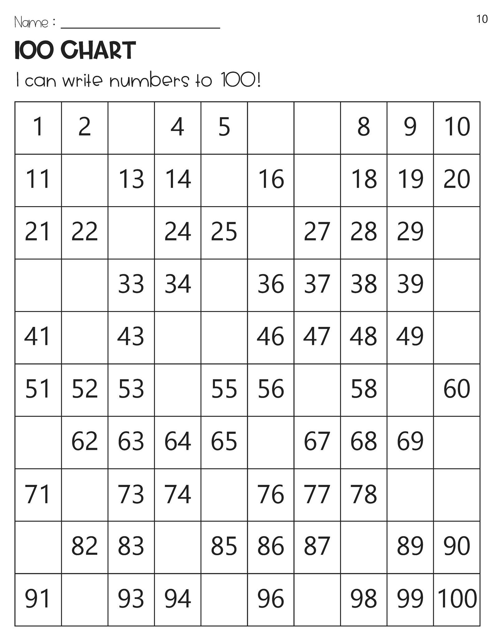 100 Chart Missing Numbers Worksheets - Etsy