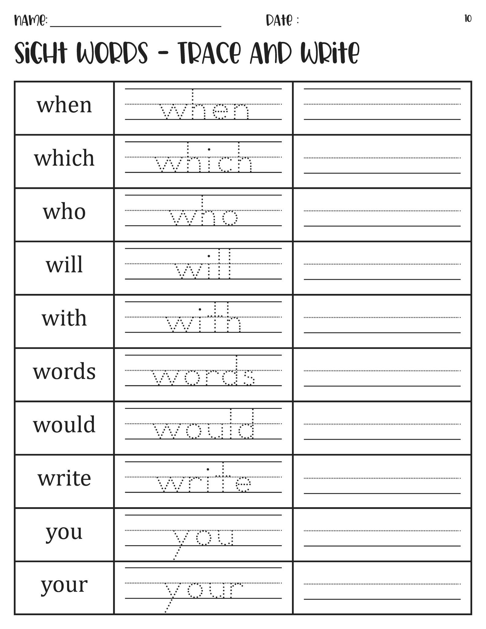 Trace and Write Fry First 200 Sight Words Worksheets - Etsy