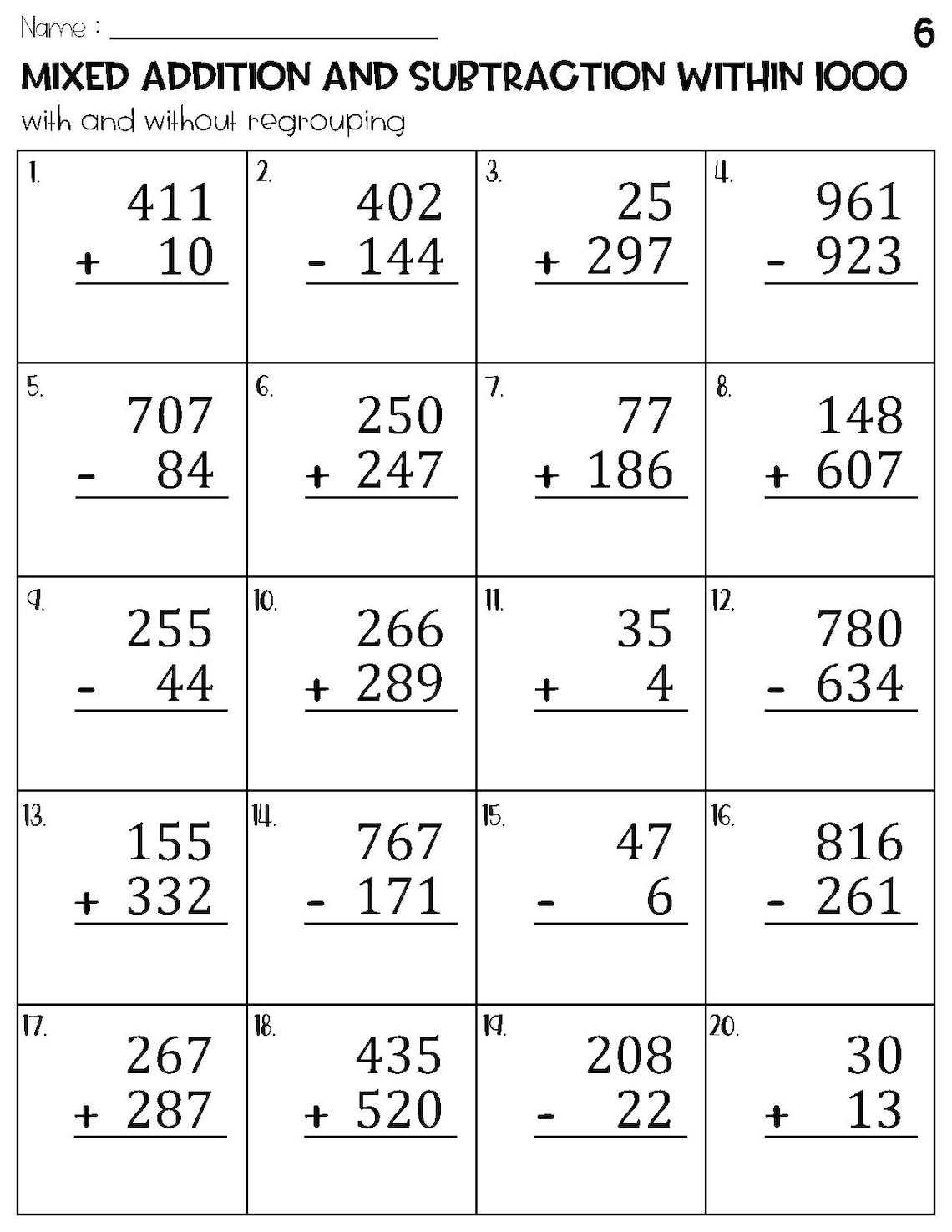 Mixed Addition and Subtraction Within 1000 Worksheets - Etsy