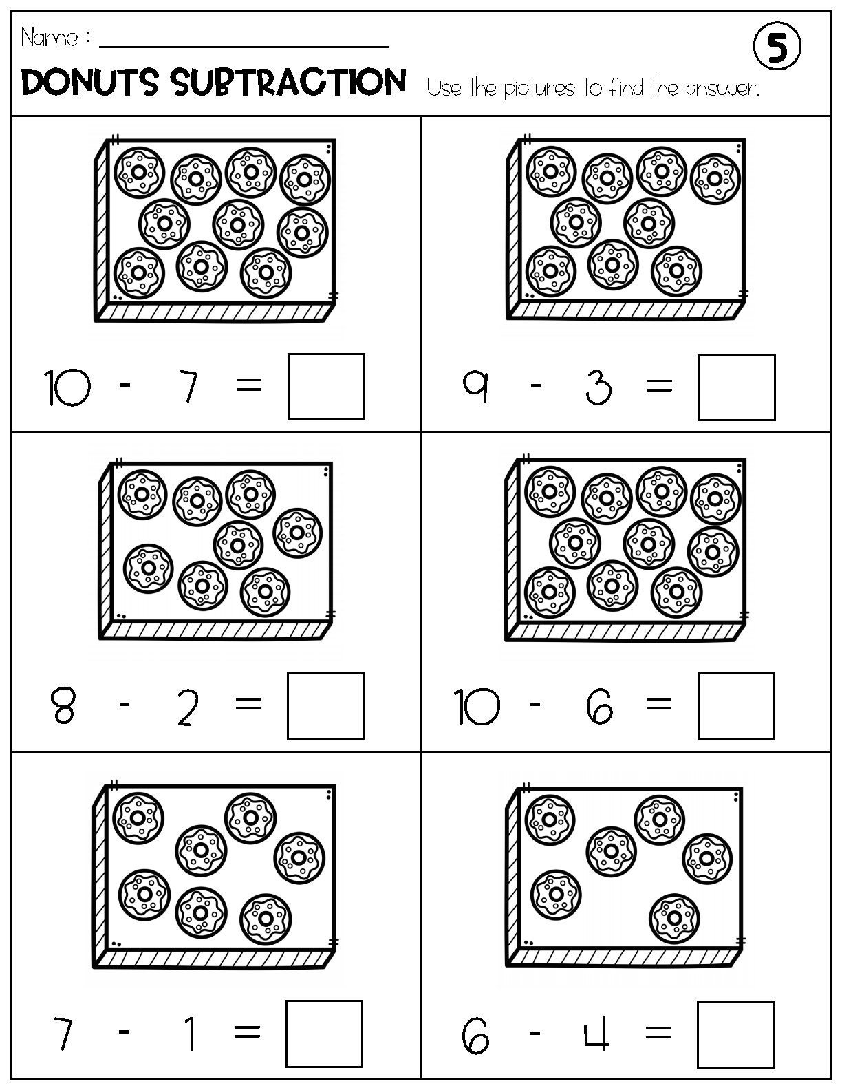 Subtraction With Pictures Within 10 Worksheets - Subtracting Donuts ...