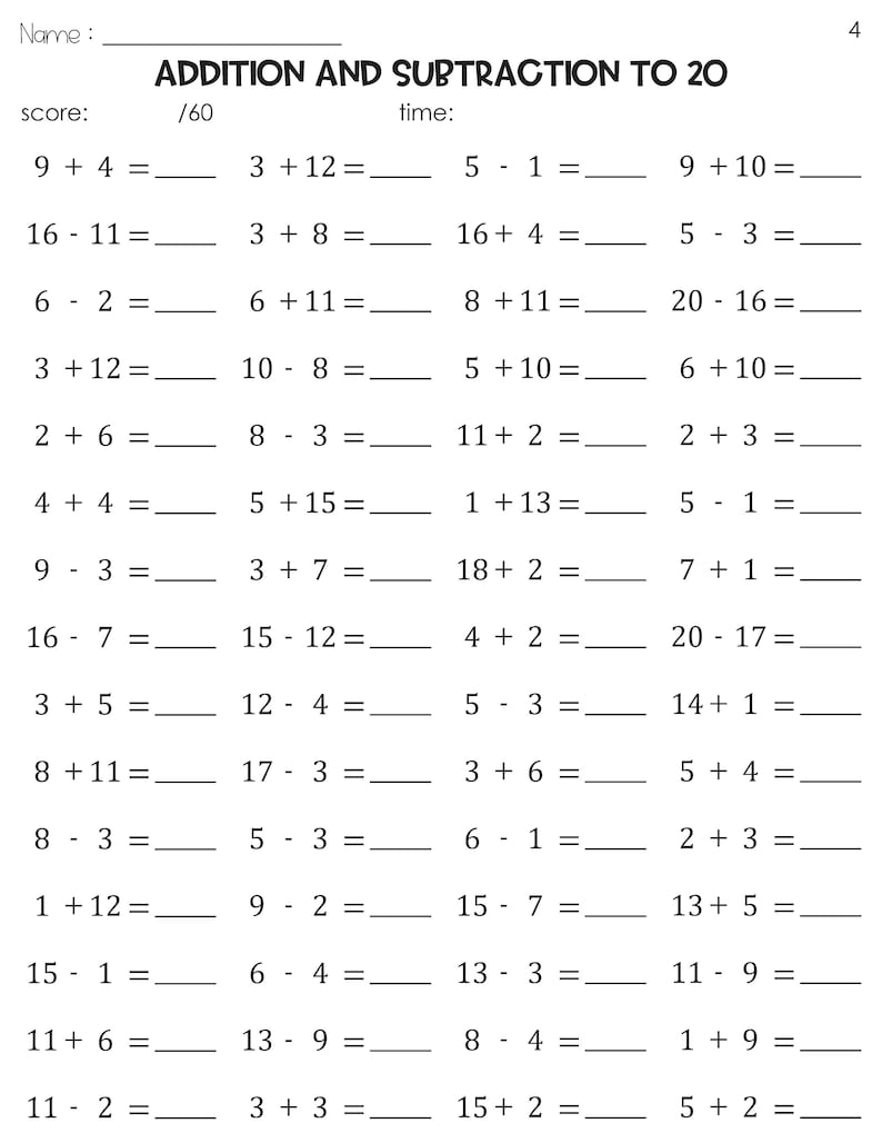 Math Fact Fluency Addition and Subtraction to 20 Timed Tests Practice ...