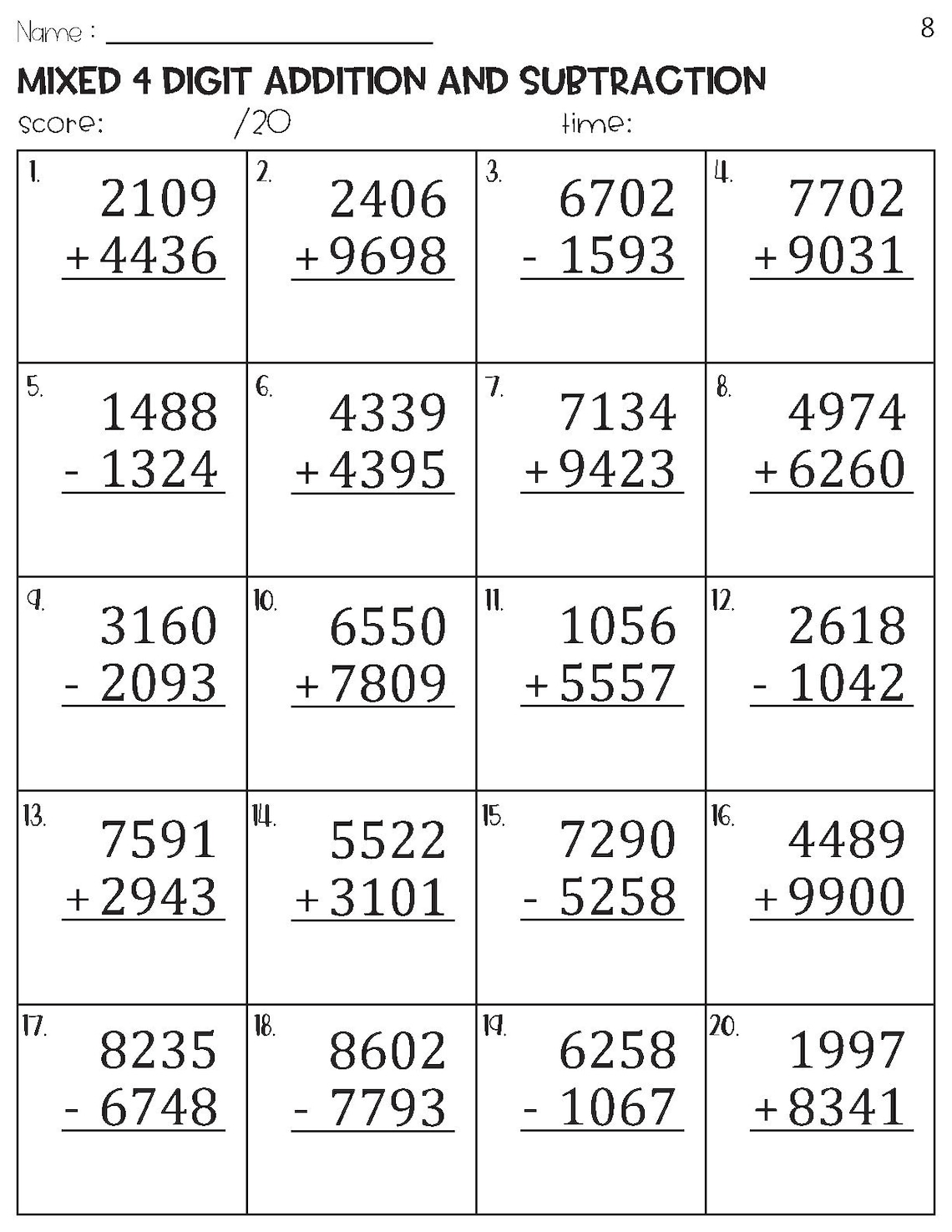 100 Four Digit Mixed Addition and Subtraction With and Without ...