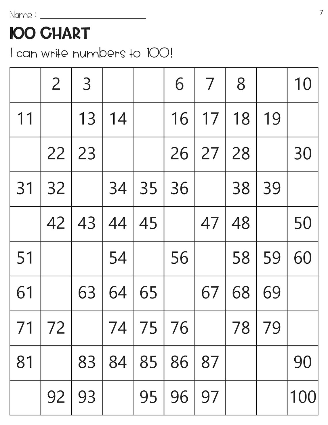 100 Chart Missing Numbers Worksheets - Etsy