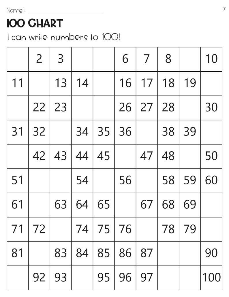 100 Chart Missing Numbers Worksheets - Etsy
