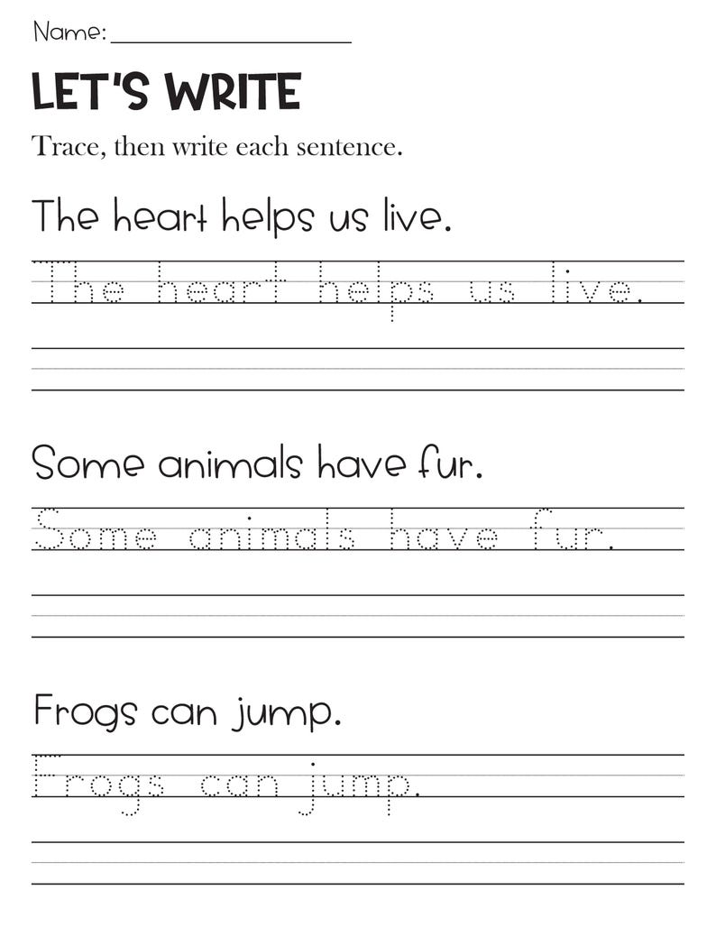Sentence Writing and Tracing Handwriting Practice Worksheets - Biology ...