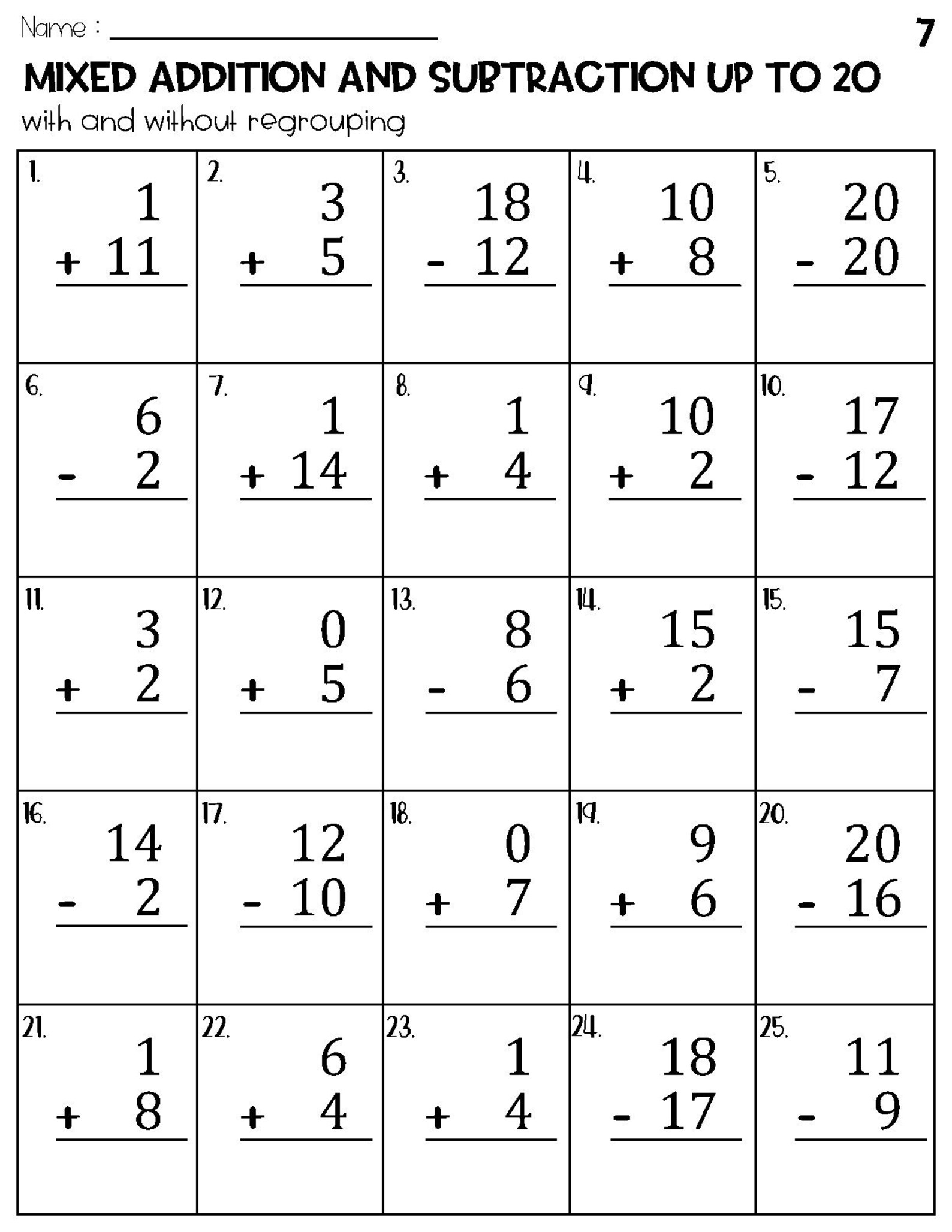Mixed Addition and Subtraction to 20 Worksheets - Etsy