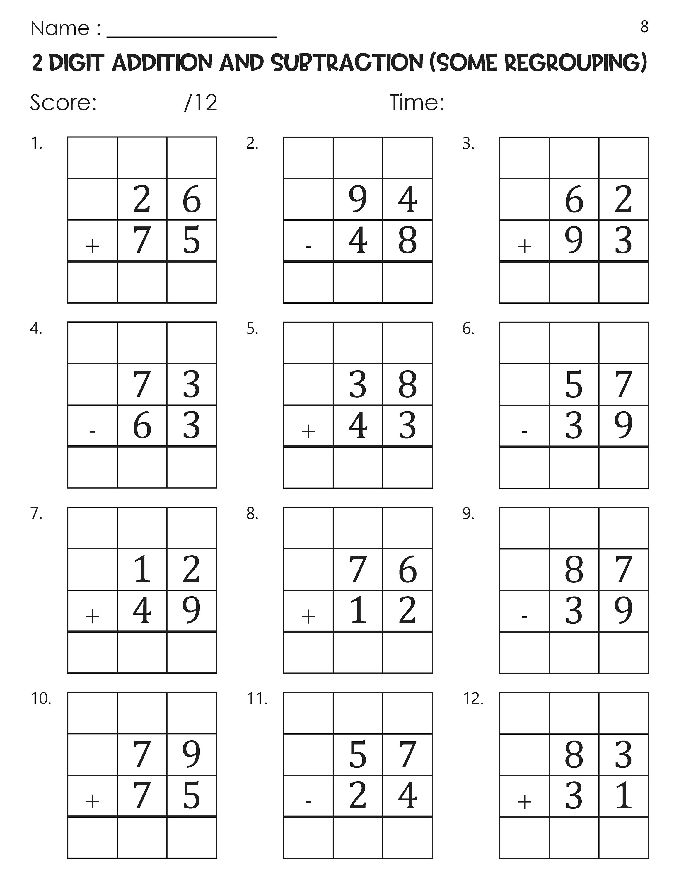 Two Digit Addition and Subtraction With and Without Regrouping With ...