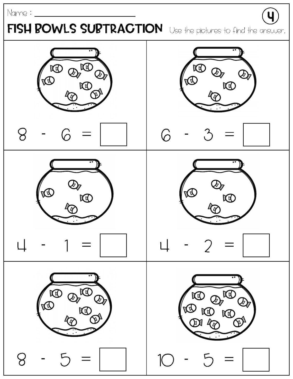 Subtraction With Pictures Within 10 Worksheets - Subtracting Fish Bowls ...