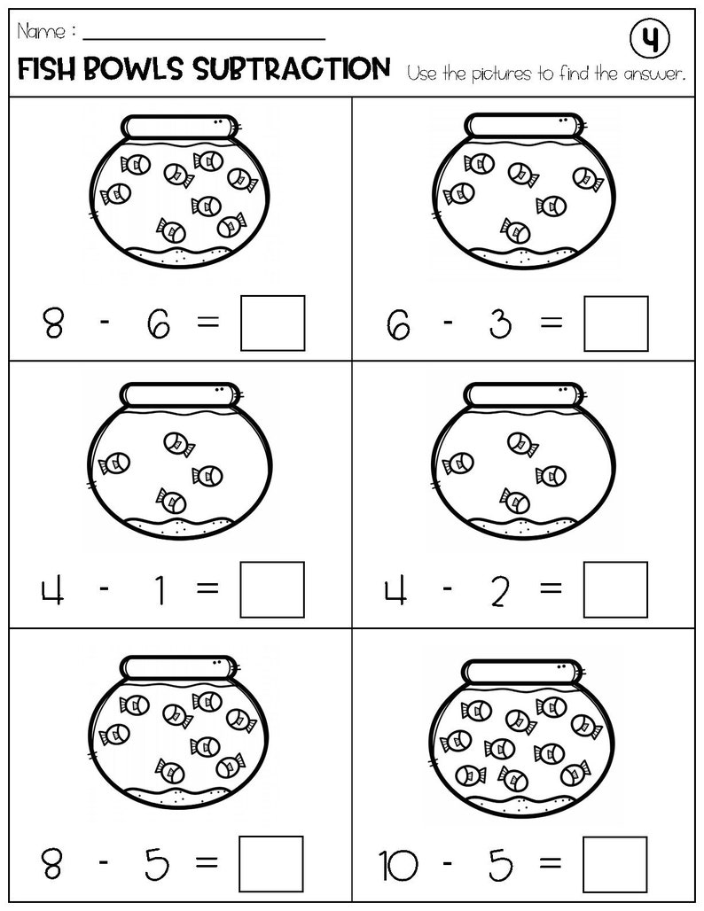 Subtraction With Pictures Within 10 Worksheets - Subtracting Fish Bowls ...