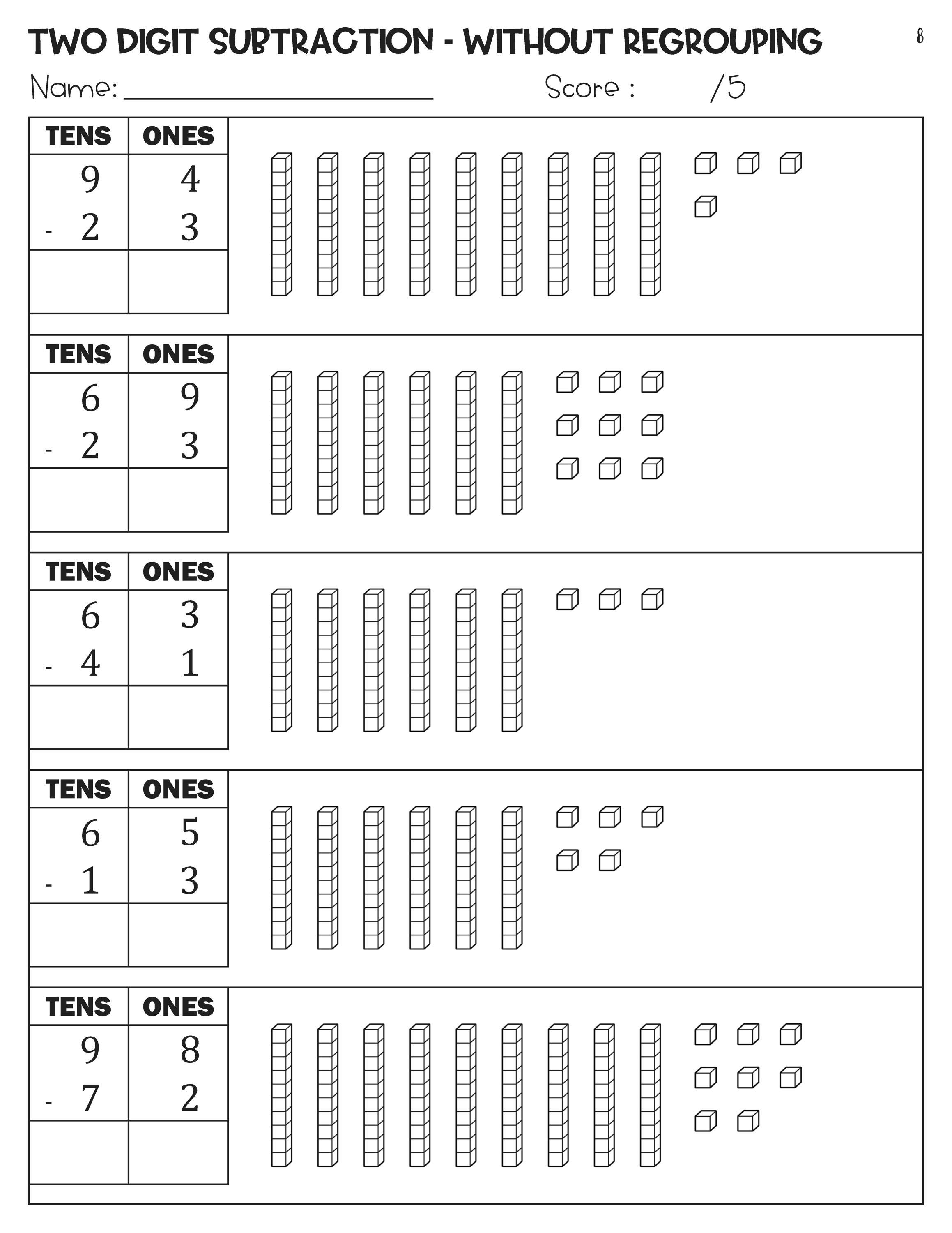 2 Digit Subtraction Without Regrouping With Base Ten Blocks Worksheets ...