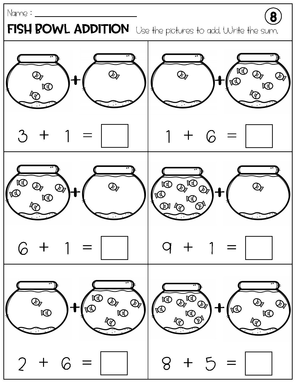 Addition With Pictures Sum up to 20 Worksheets - Adding Fish Bowls ...
