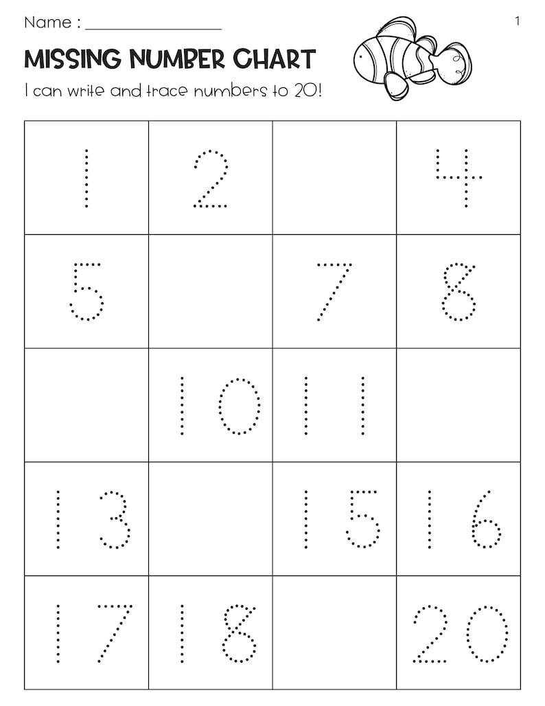 Missing Numbers Chart 1-20 Worksheets Ocean Theme - Etsy Missing Numbers Chart 1-20 Worksheets Ocean Theme - Etsy