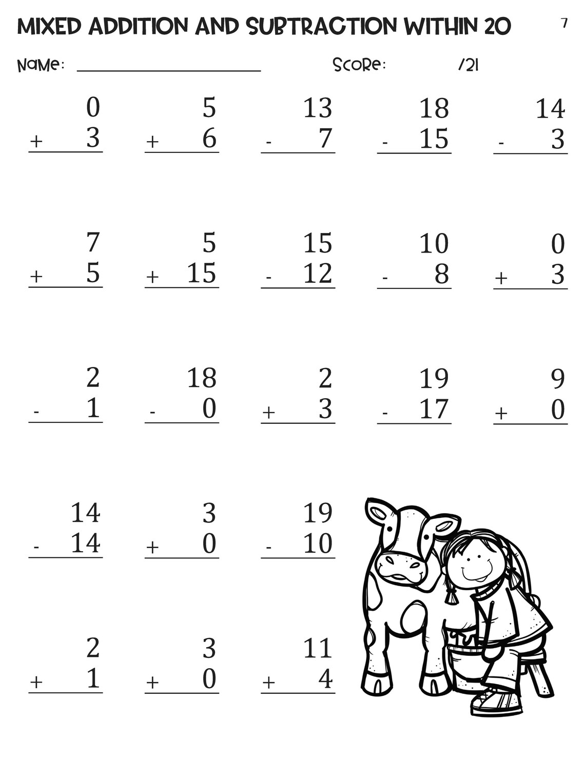 Farm Theme Mixed Addition and Subtraction Within 20 Worksheets - Etsy