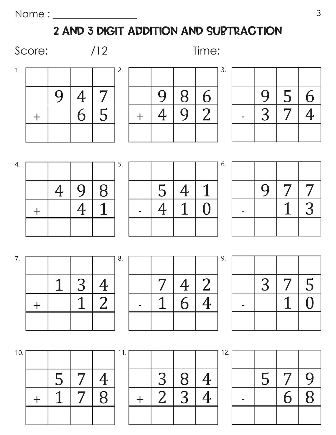 100 Two and Three Digit Mixed Addition and Subtraction With Grid ...