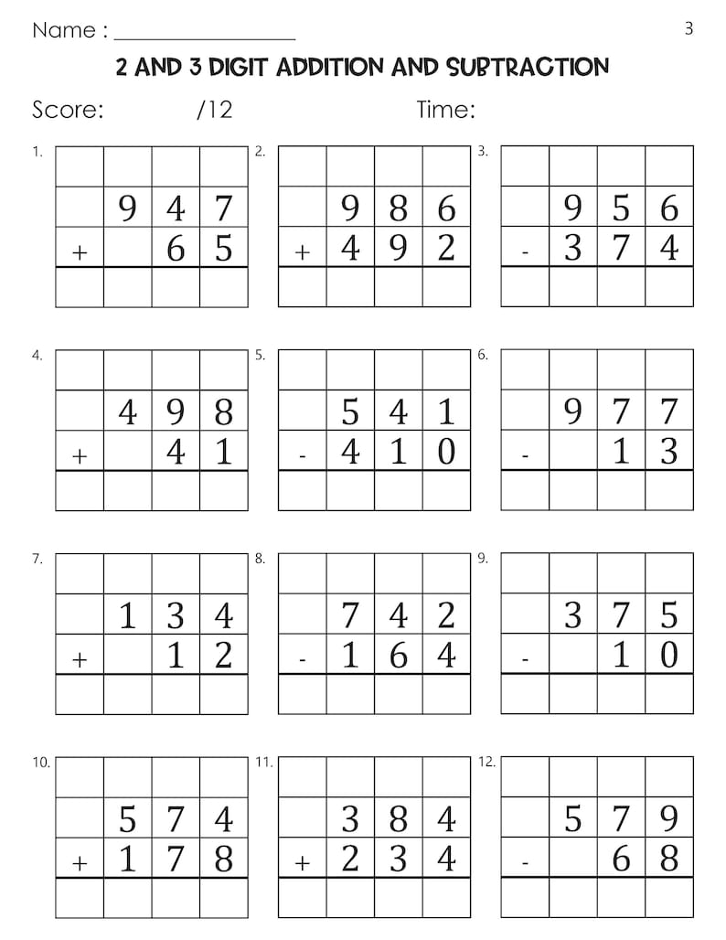 100 Two and Three Digit Mixed Addition and Subtraction With Grid ...