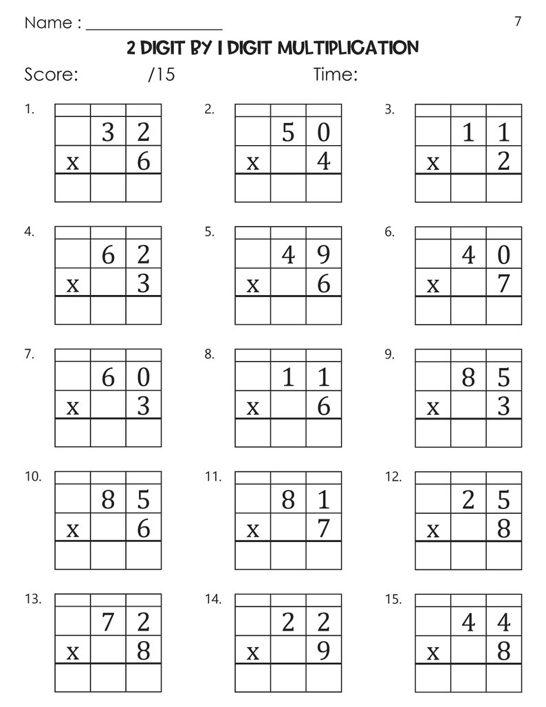 2 Digit by 1 Digit Multiplication With Grid Worksheets - Etsy