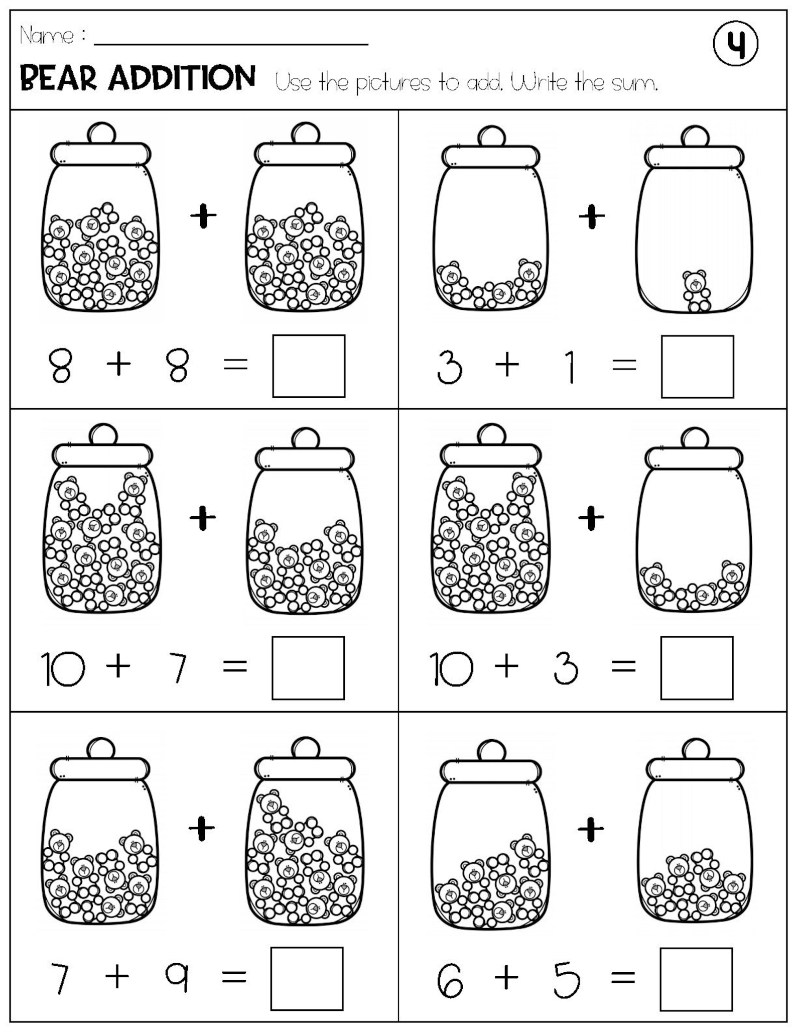 Addition With Pictures Sum up to 20 Worksheets - Adding Bears Pictures ...