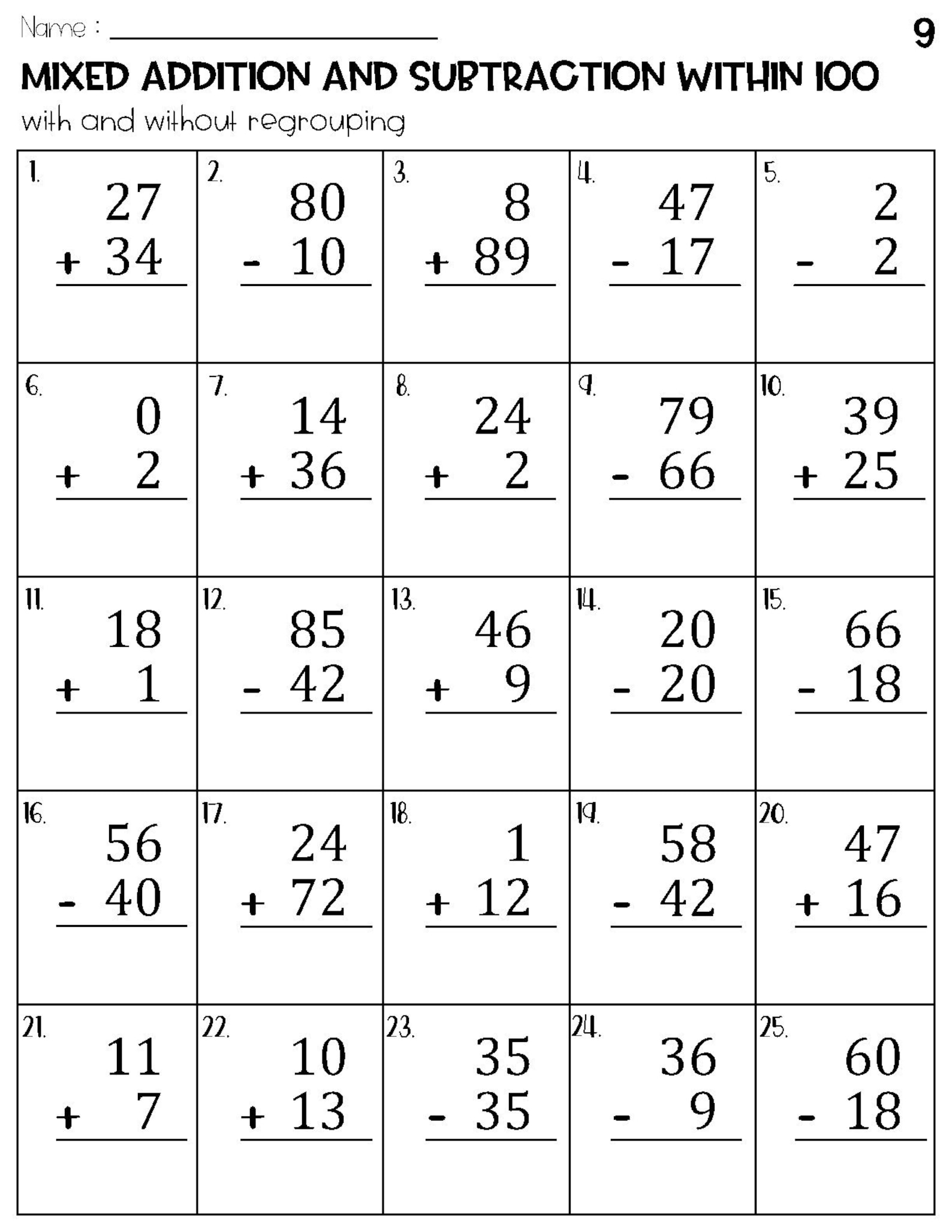 Mixed Addition and Subtraction Within 100 Worksheets - Etsy