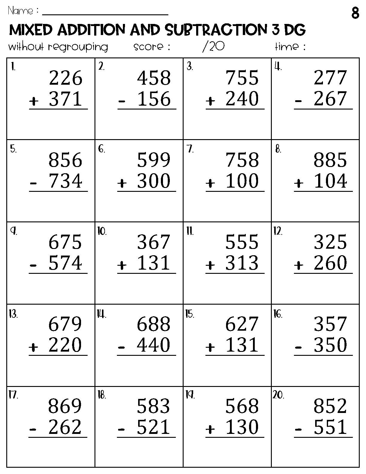 Three Digit Mixed Addition And Subtraction Without Regrouping