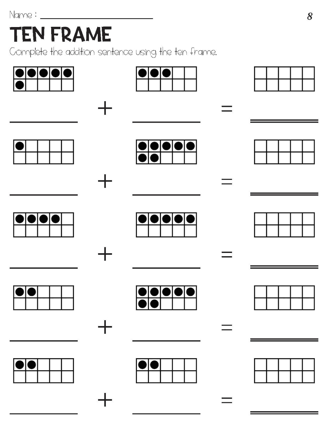 Addition Sums to 10 With Ten Frame Pictures Worksheets - Etsy
