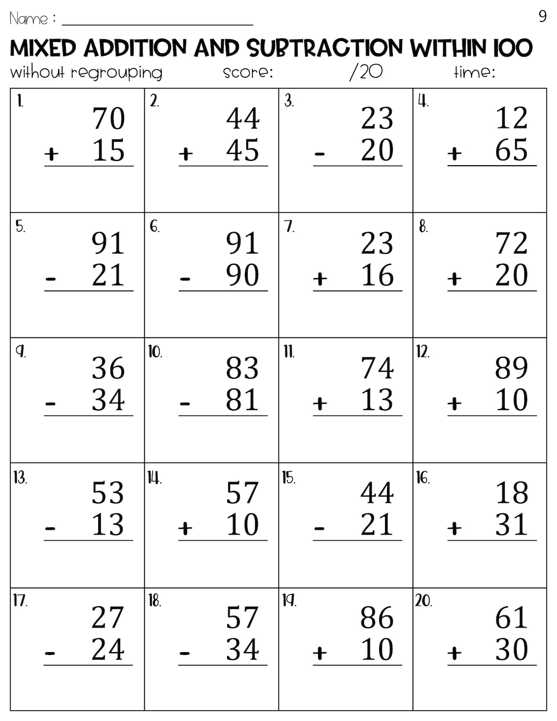 Mixed Addition and Subtraction Within 100 Without Regrouping Worksheets ...