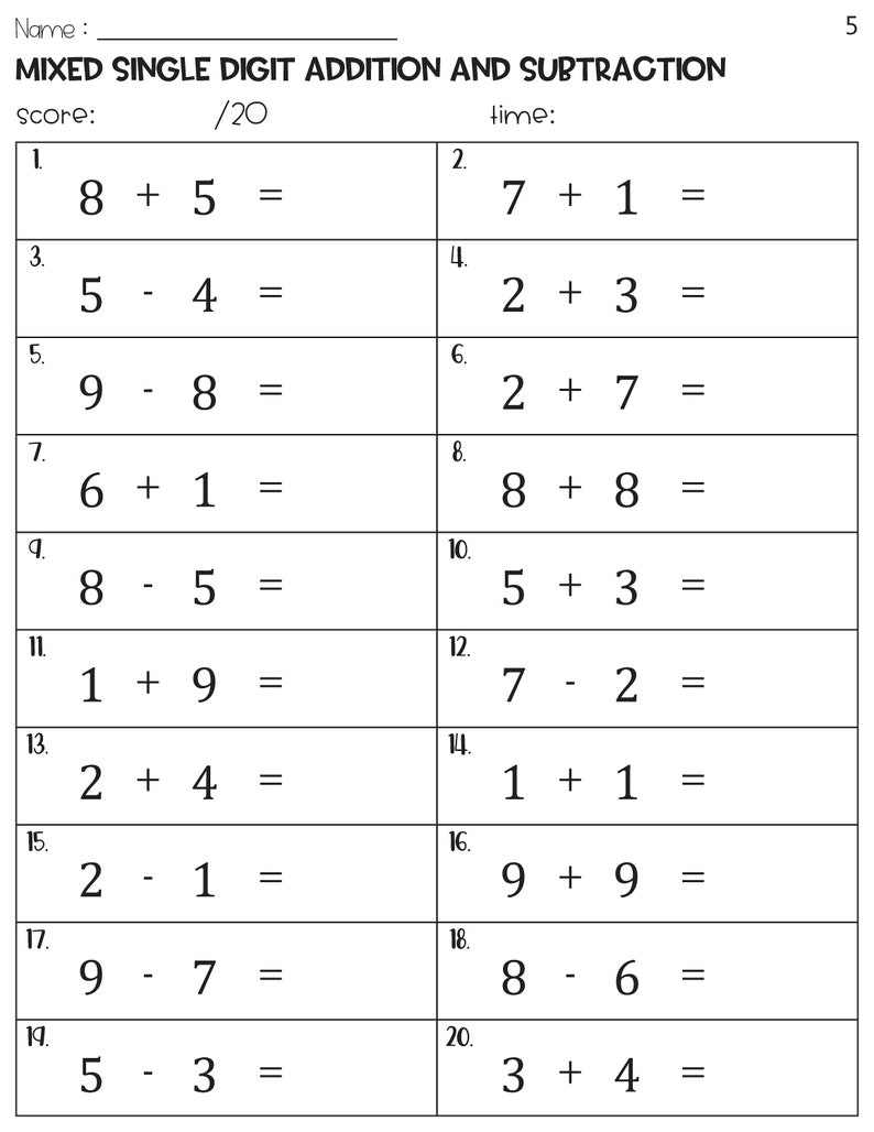 Horizontal Mixed Single Digit Addition and Subtraction Worksheets - Etsy