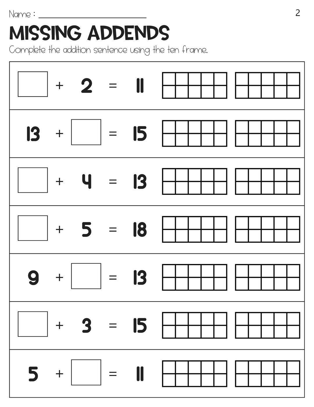 Missing Addends to 20 With Ten Frame Worksheets - Etsy