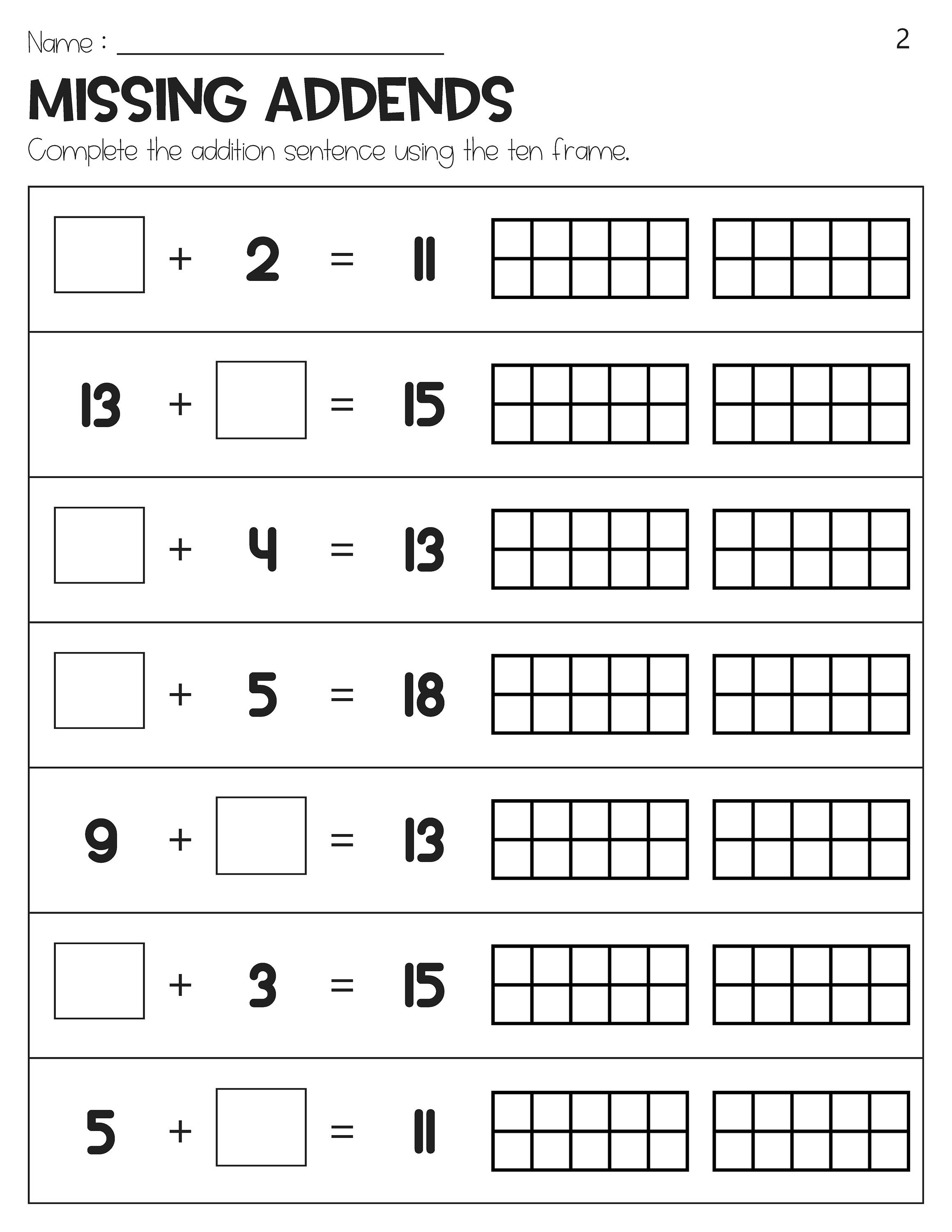 Missing Addends to 20 With Ten Frame Worksheets - Etsy