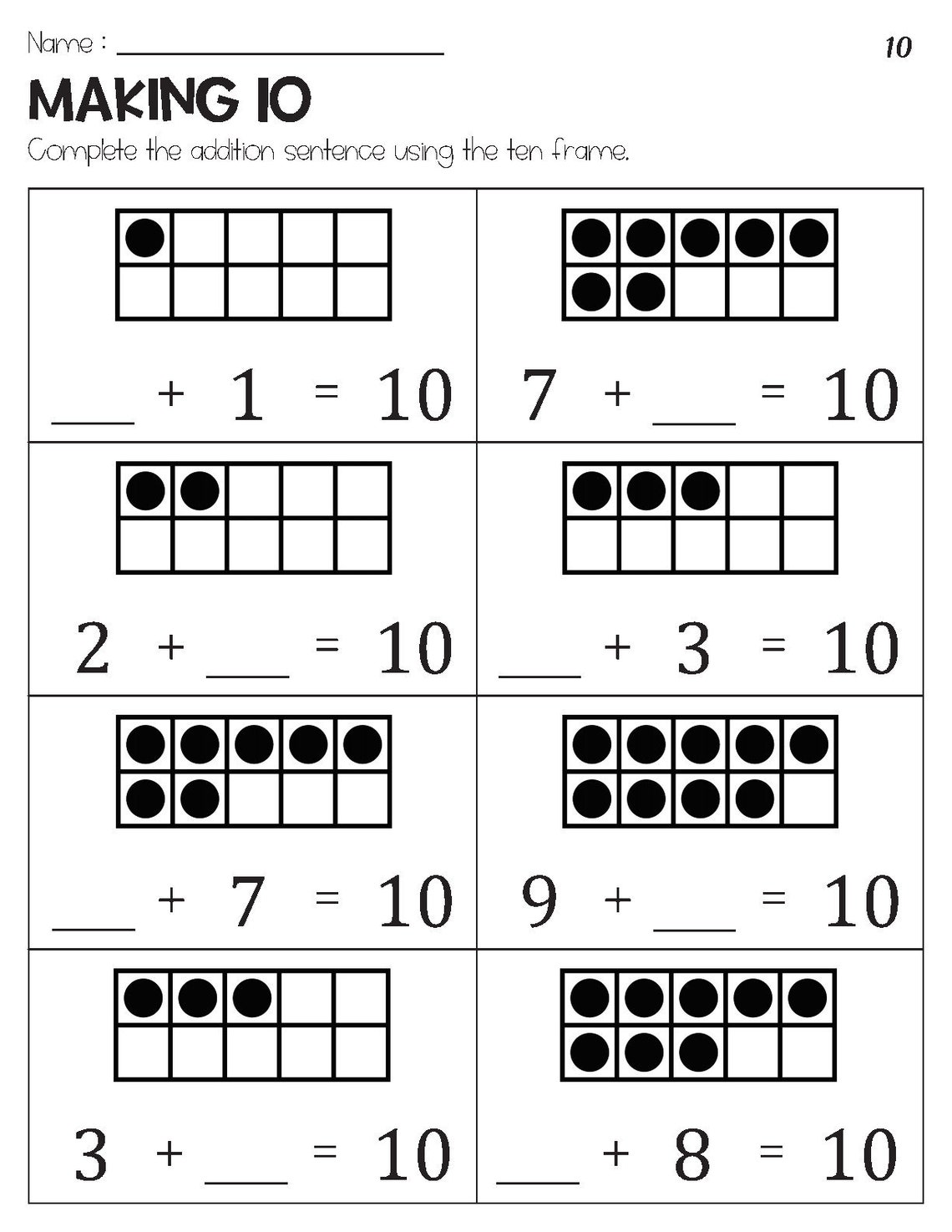 Making 10 Addition With Ten Frame Worksheets - Etsy