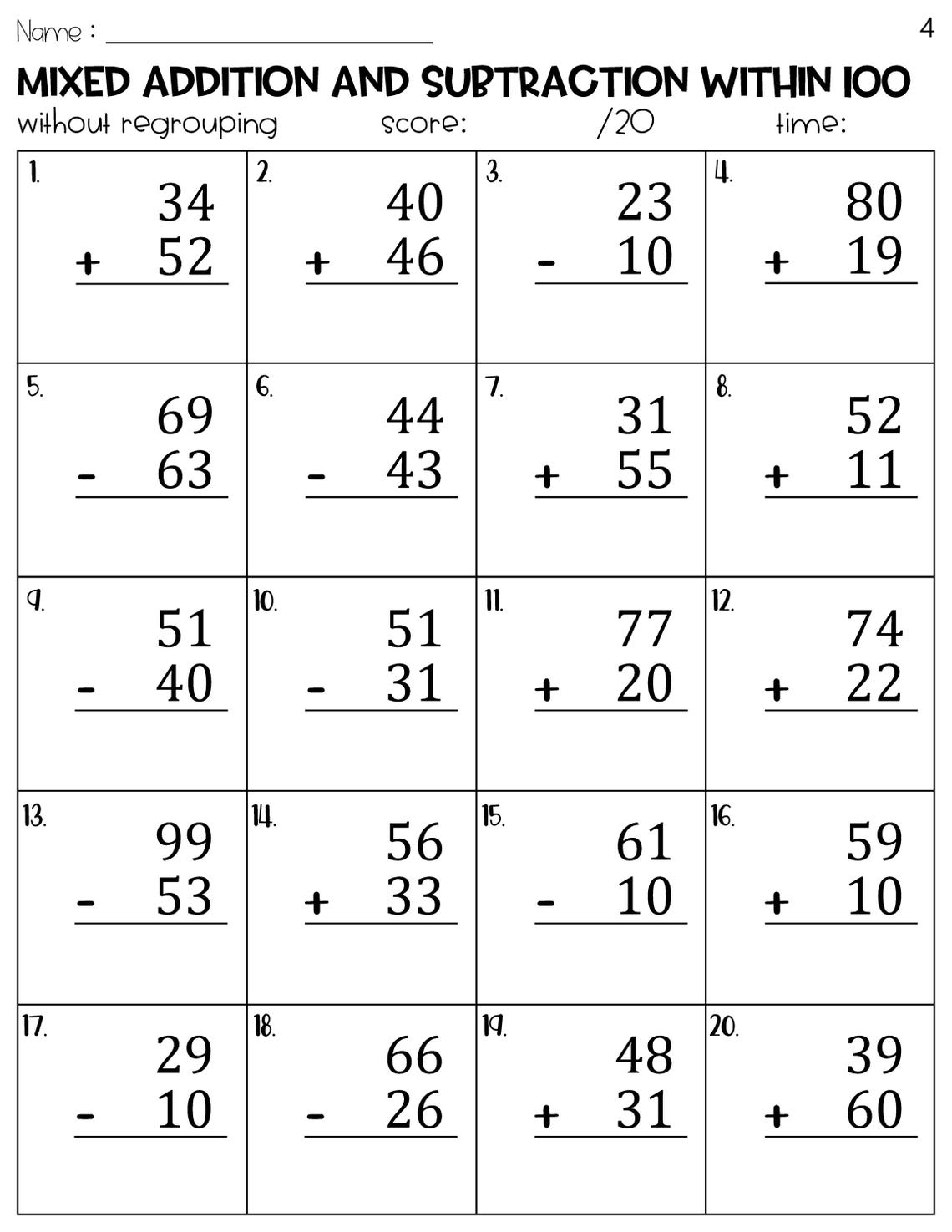 Mixed Addition and Subtraction Within 100 Without Regrouping Worksheets ...