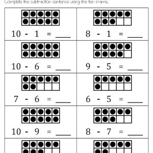 Subtraction Within 10 With Ten Frame Pictures Worksheets - Etsy