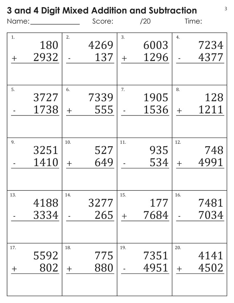 3 and 4 Digit Mixed Addition and Subtraction With Some Regrouping ...