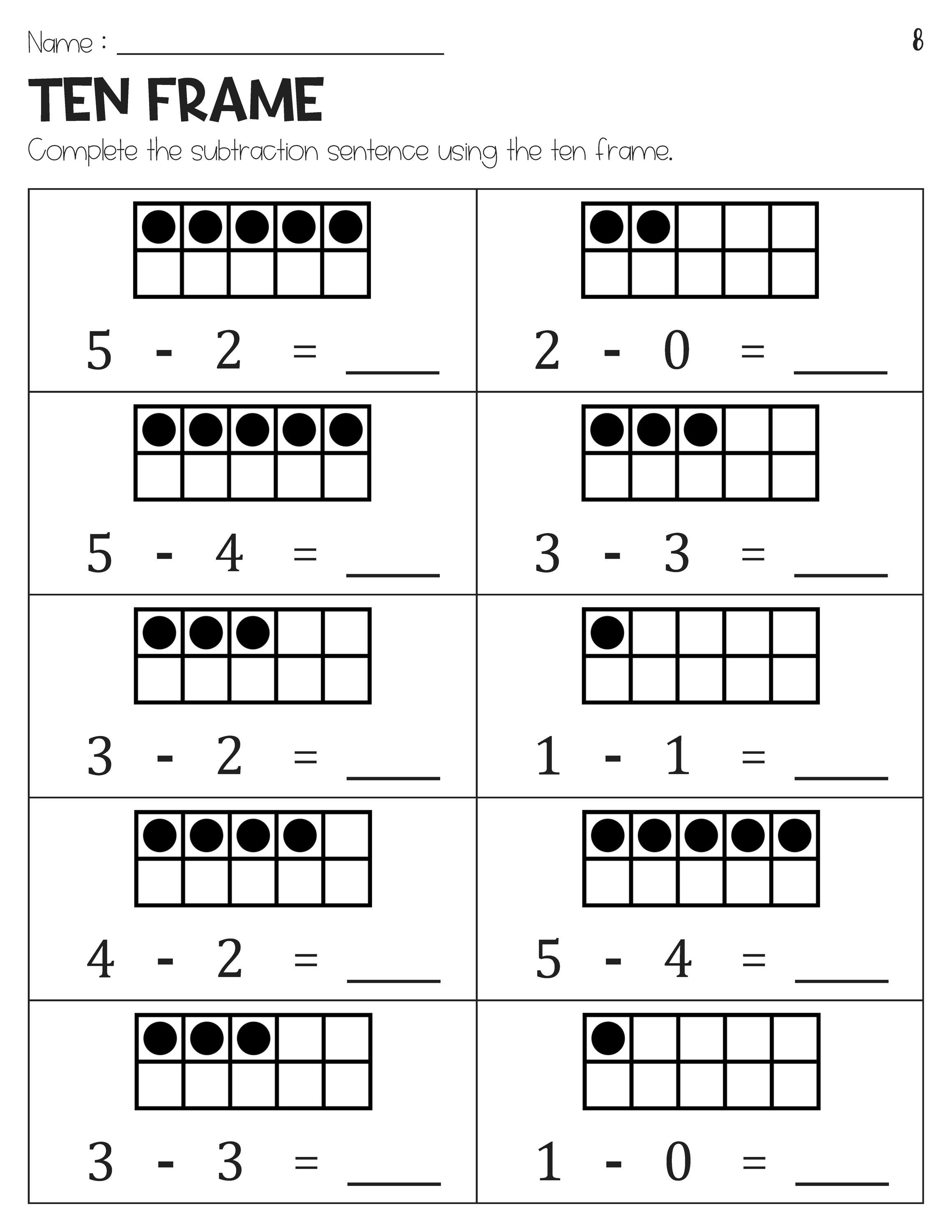 Subtraction Within 5 With Ten Frame Pictures Worksheets - Etsy