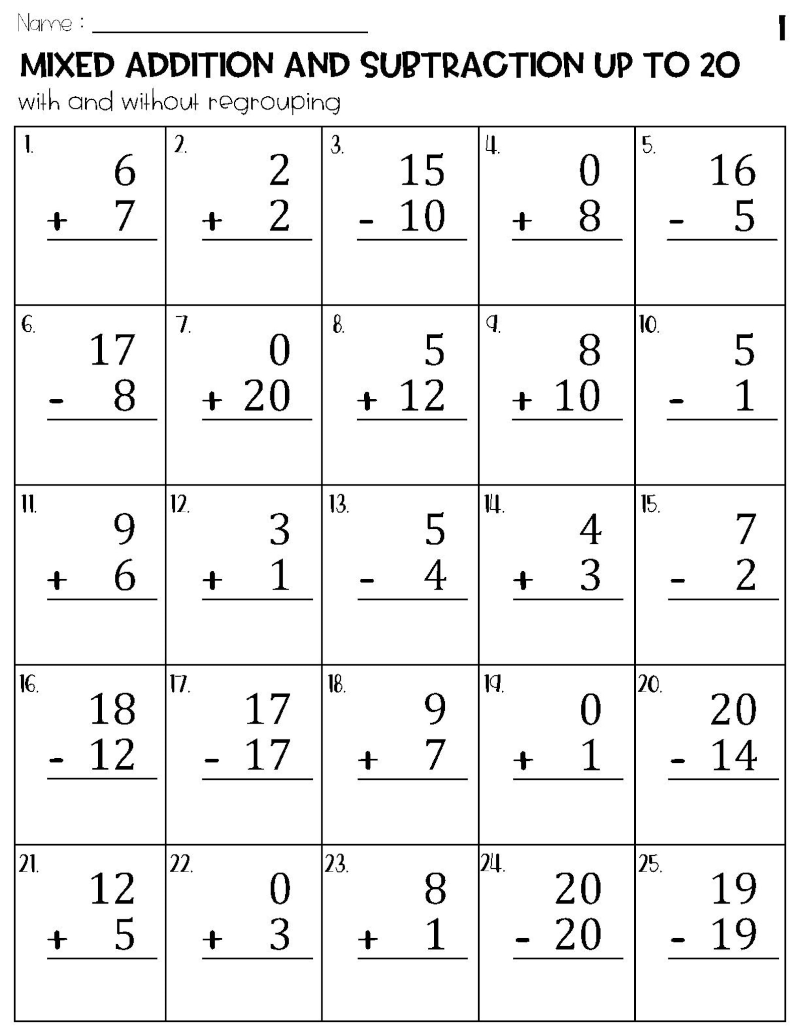 Mixed Addition and Subtraction to 20 Worksheets - Etsy