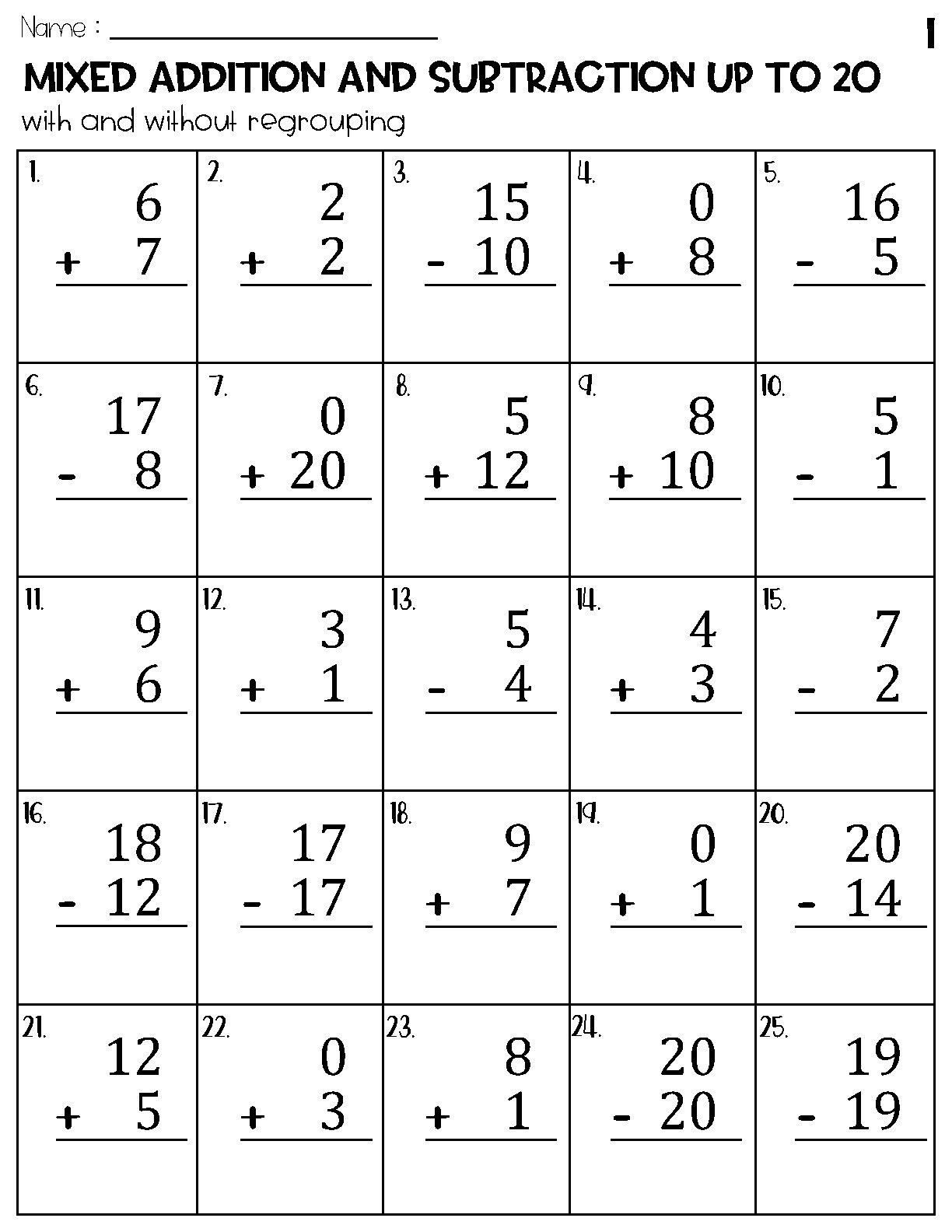 Mixed Addition and Subtraction to 20 Worksheets - Etsy