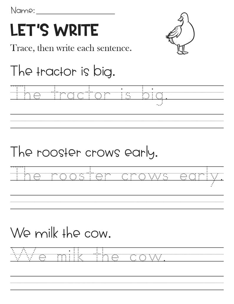 Sentence Writing and Tracing Handwriting Practice - Farm Theme - Etsy