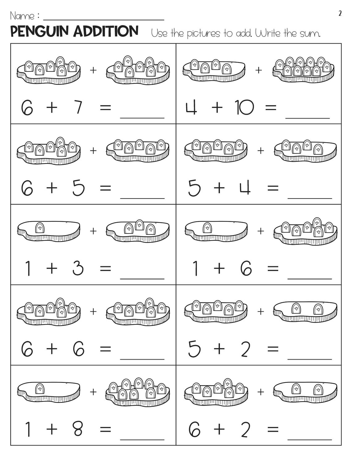 Addition With Pictures to 20 Worksheets - Adding Penguin - Etsy